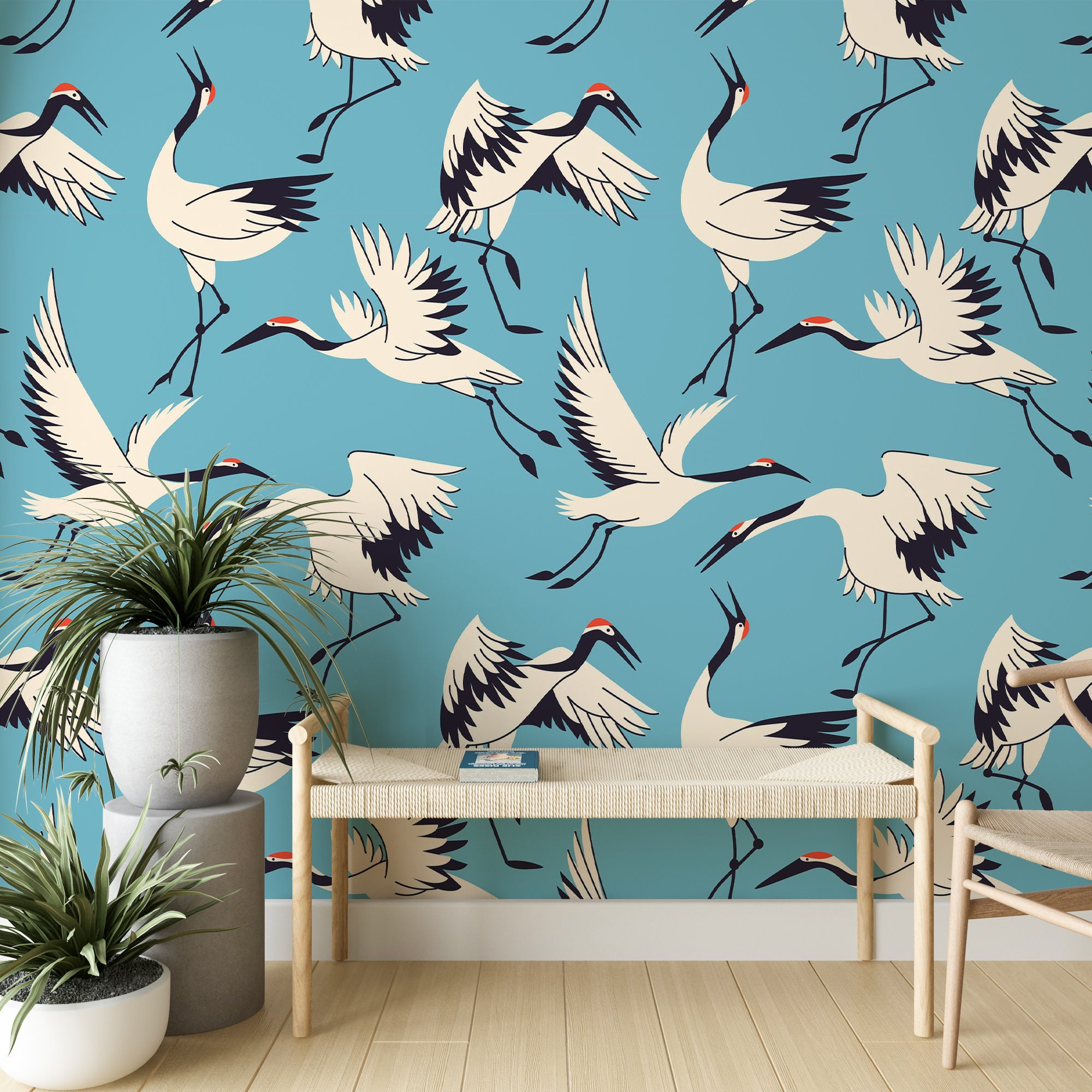 Crane Birds Wallpaper With Blue Background, Peel and Stick, Vintage ...