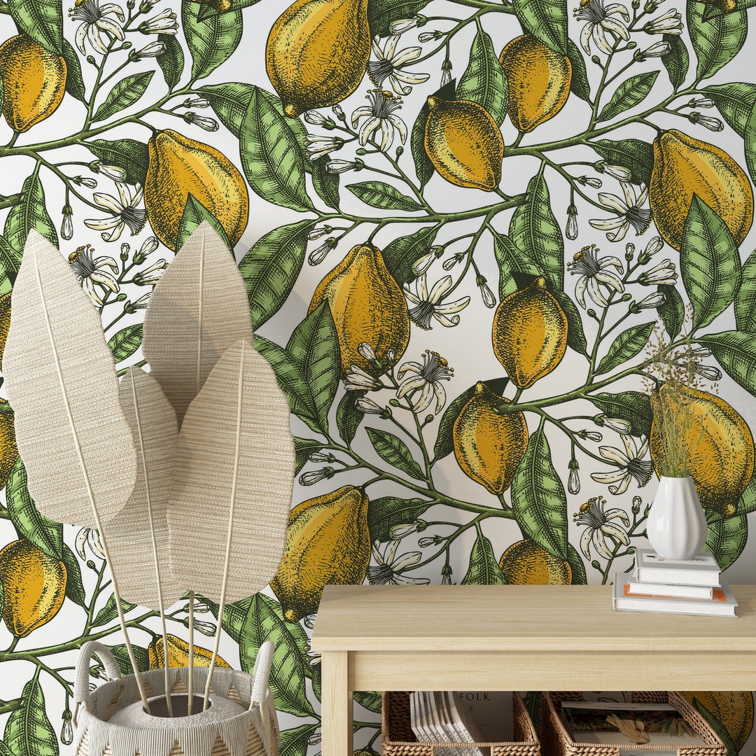 Lemon Tree Wallpaper, Botanical Wallpaper, Farmhouse Decor, Green ...