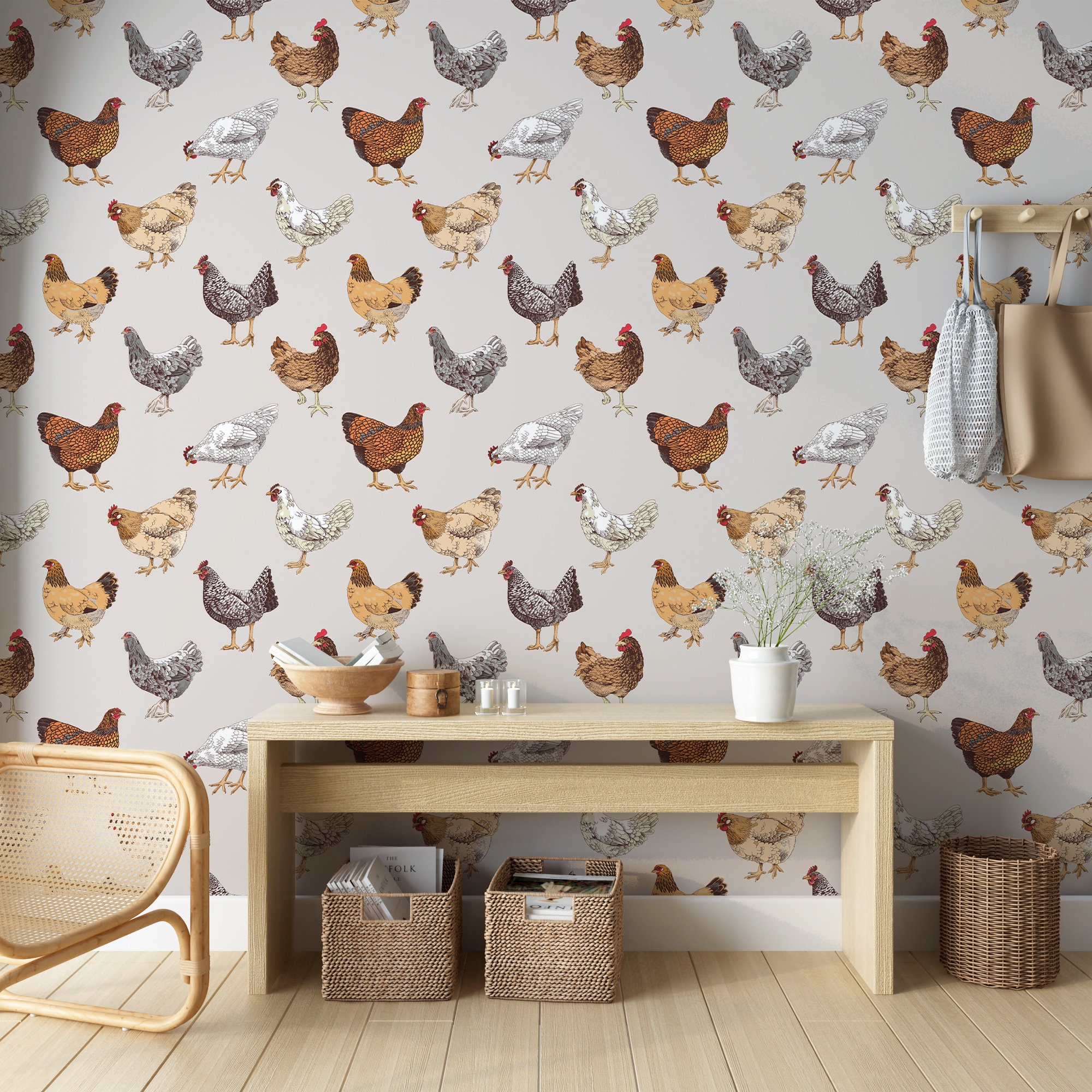 Chicken Wallpaper Peel and Stick, Farm Wallpaper, Chicken Wallpaper ...