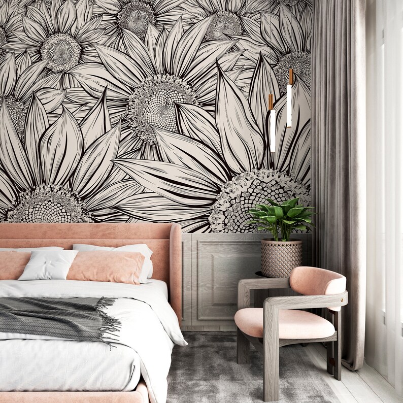 3D Sunflower Wallpaper, Floral Wall Mural, Sketch Wall Decor, Hand ...