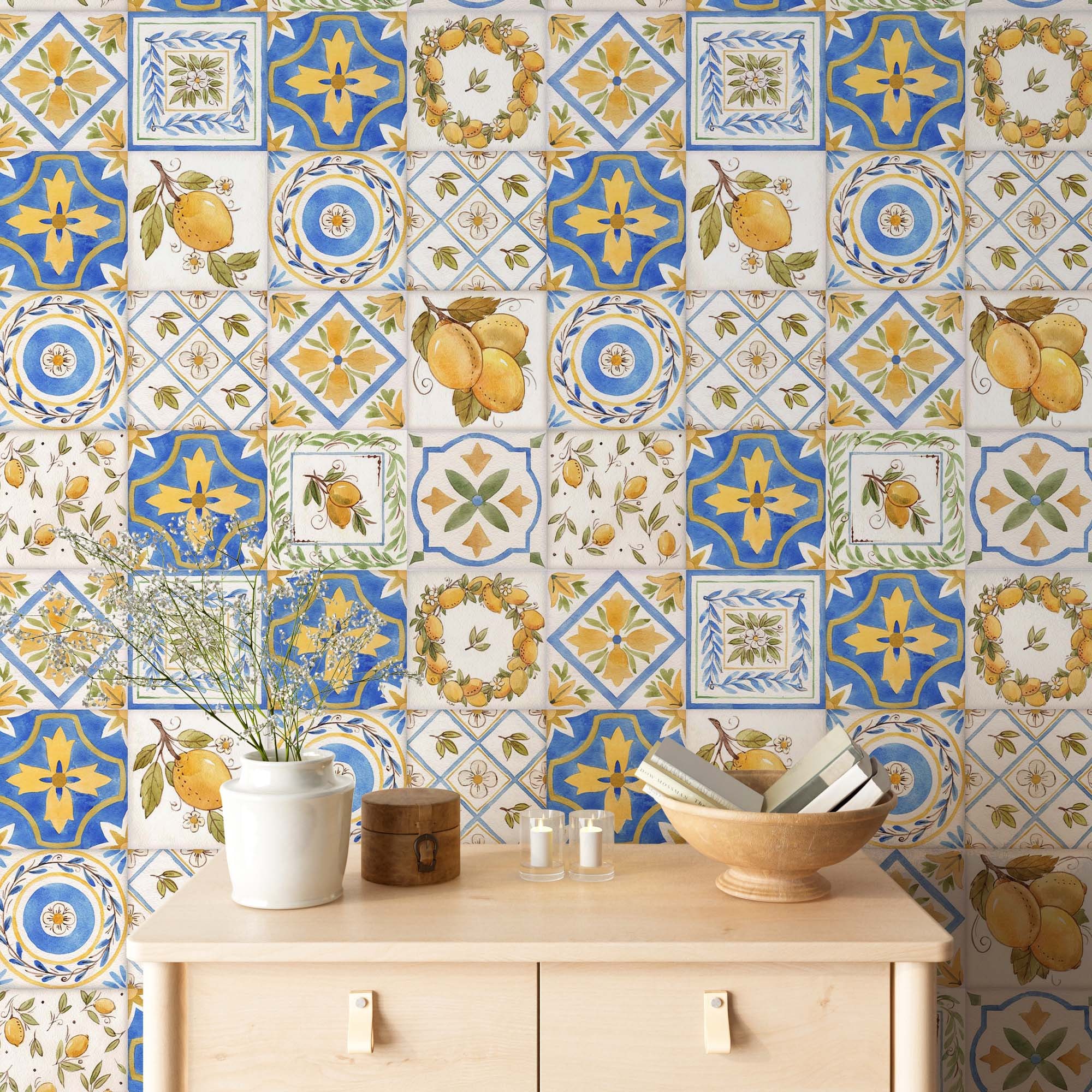 Watercolor Lemons and Blue Sicilian Style Tiles Removable Wallpaper ...