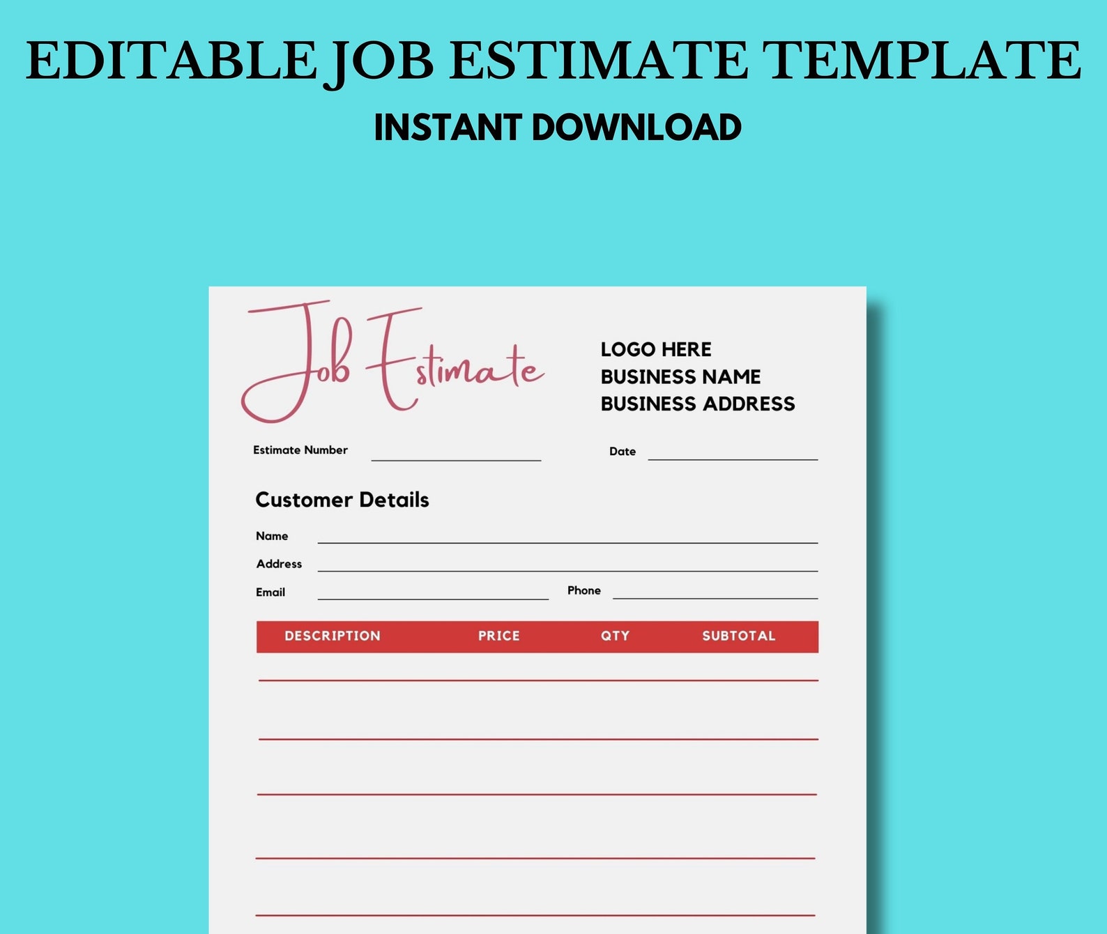 Canva Editable Job Estimate Template Printable Small Business Template ...