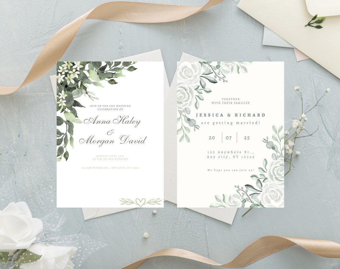 Greenery Wedding Invitation Template, Wildflower Design (canva Editable ...