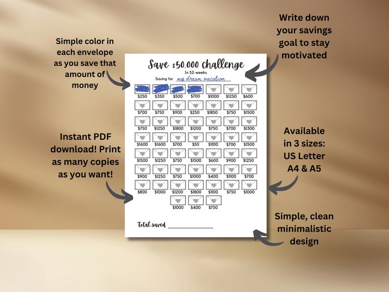 50K 52 Week Saving Challenge Printable Bundle With 10 Bonuses Savings ...