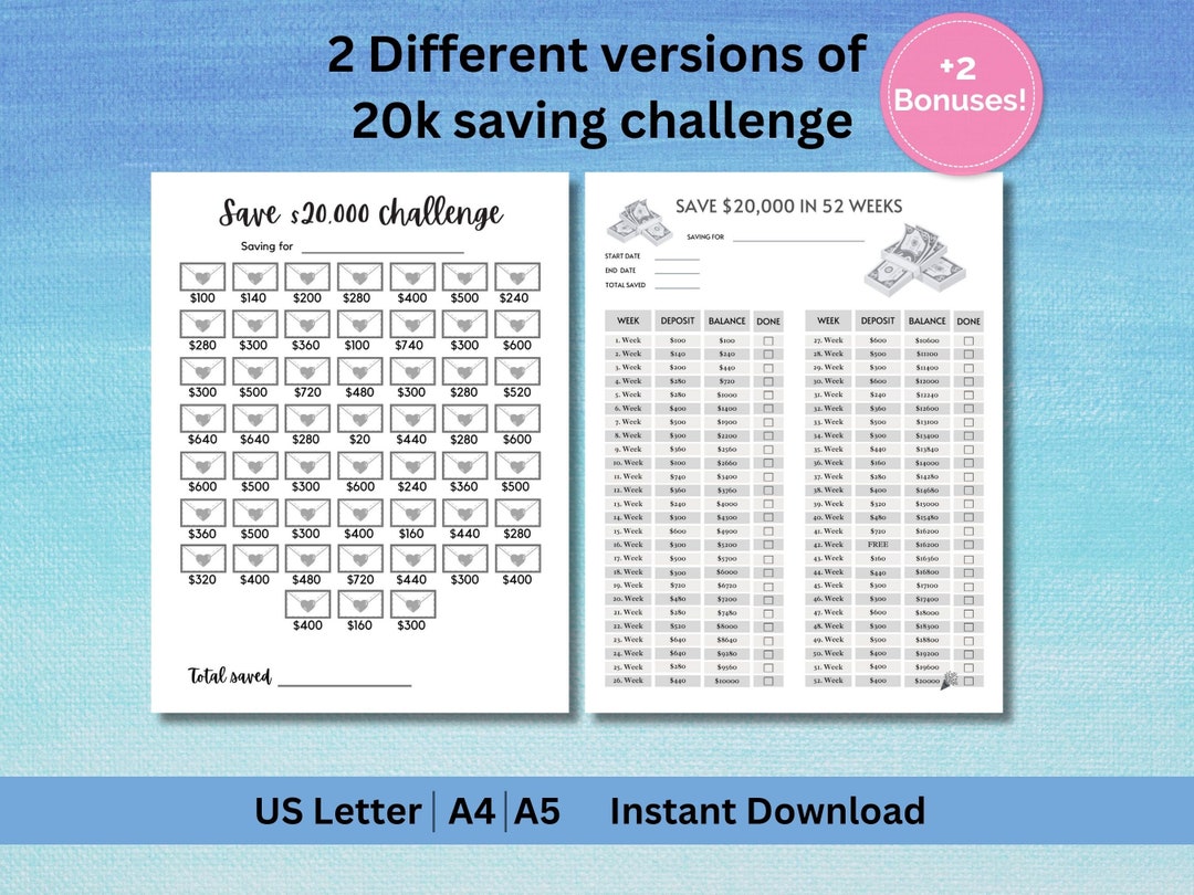 20K 52 Week Saving Challenge Printable 20000 Money Savings Challenge ...