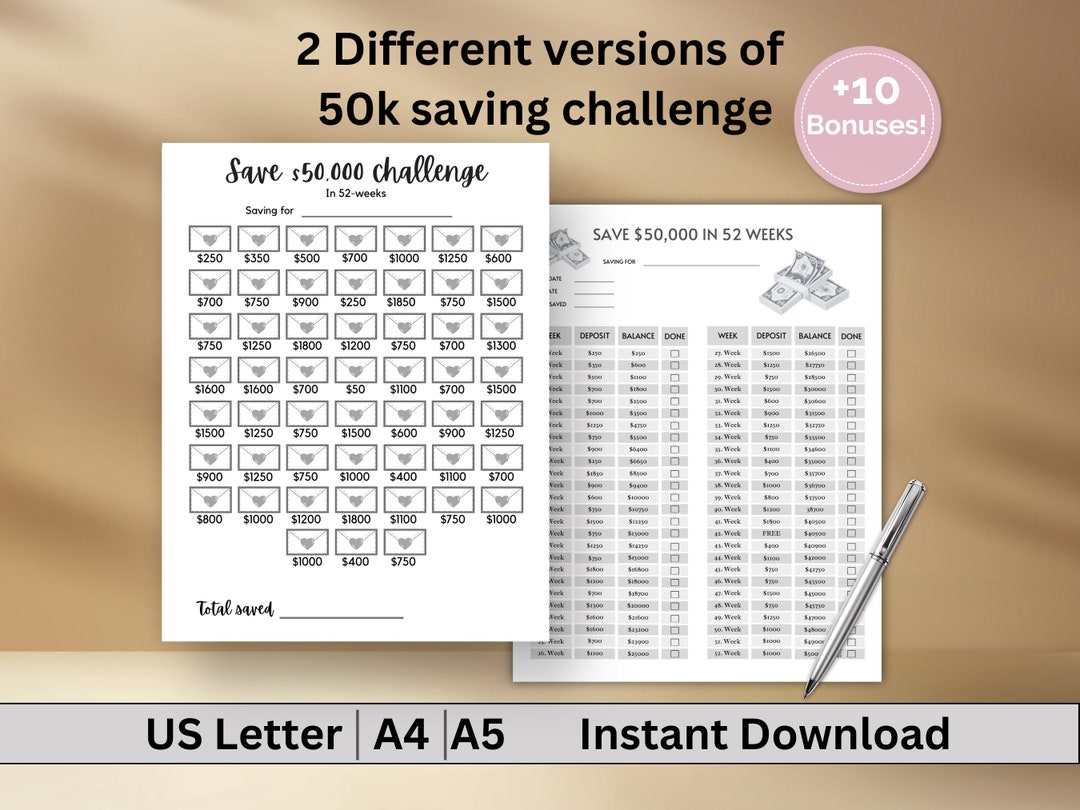 50K 52 Week Saving Challenge Printable Bundle With 10 Bonuses Savings ...