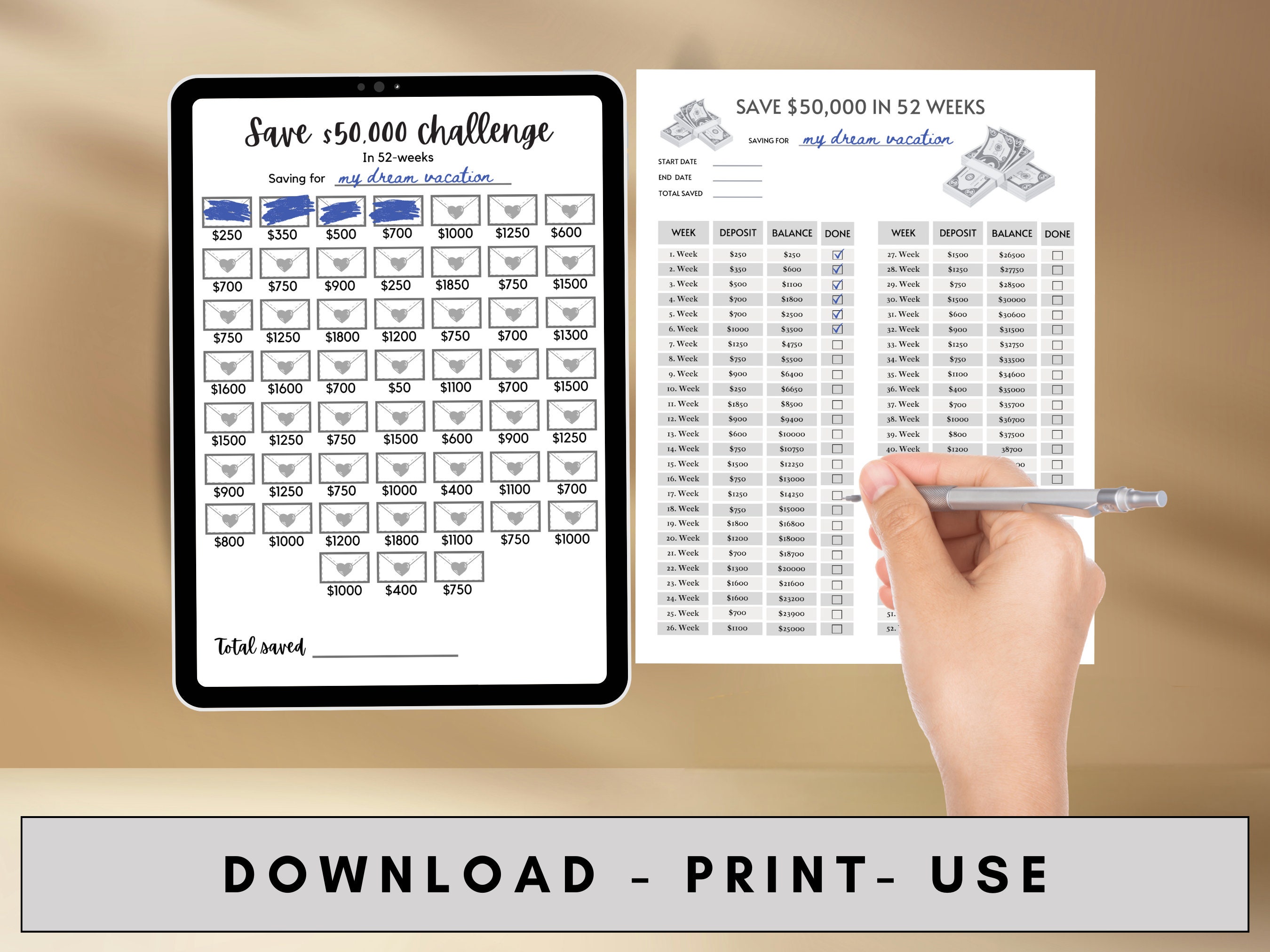50K 52 Week Saving Challenge Printable Bundle With 10 Bonuses Savings ...