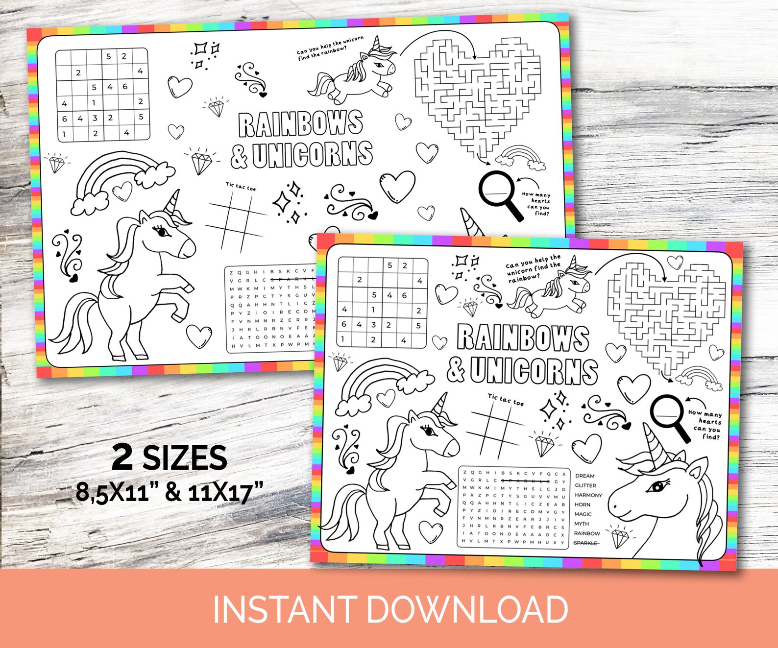 Unicorn Activity Placemat | Unicorn Printable | Printable Unicorn Party ...