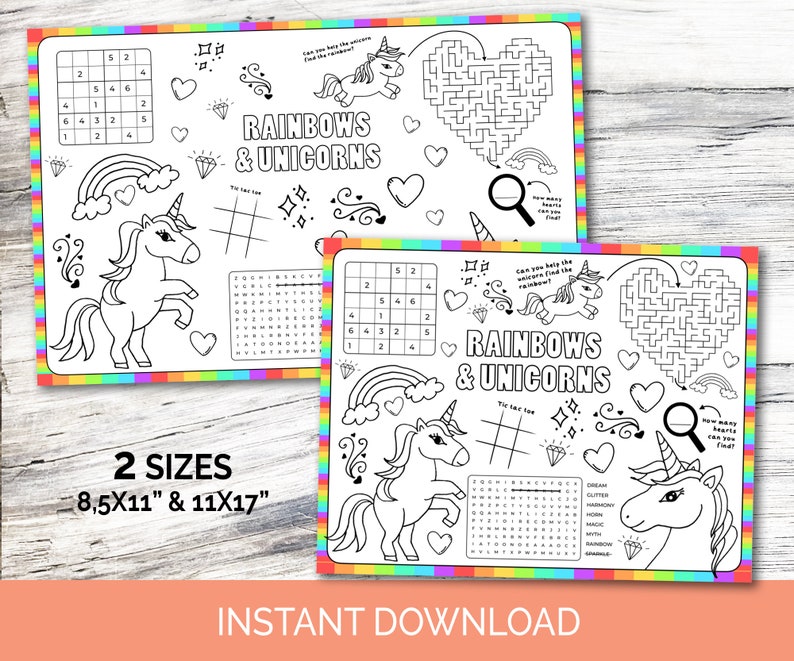 Unicorn Activity Placemat | Unicorn Printable | Printable Unicorn Party ...