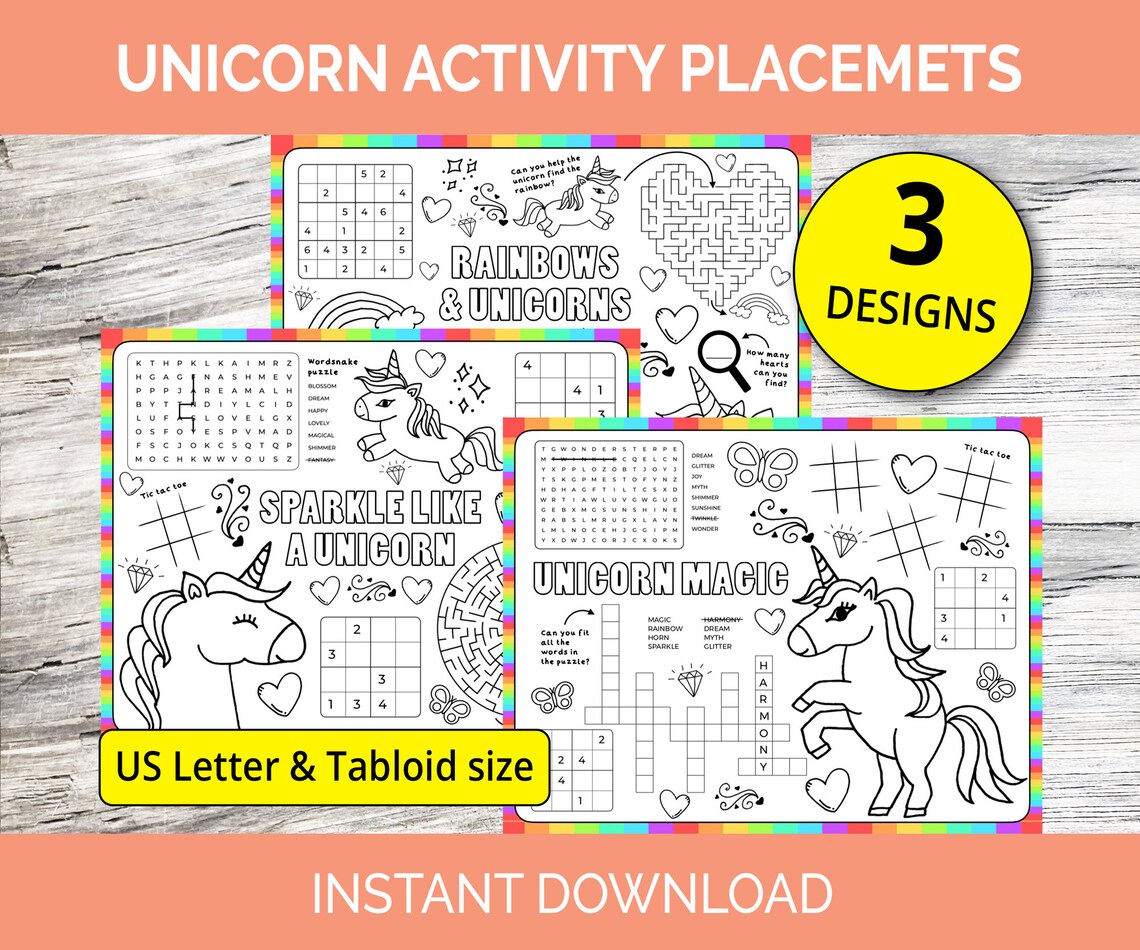 Unicorn Activity Placemat | Unicorn Printable | Printable Unicorn Party ...