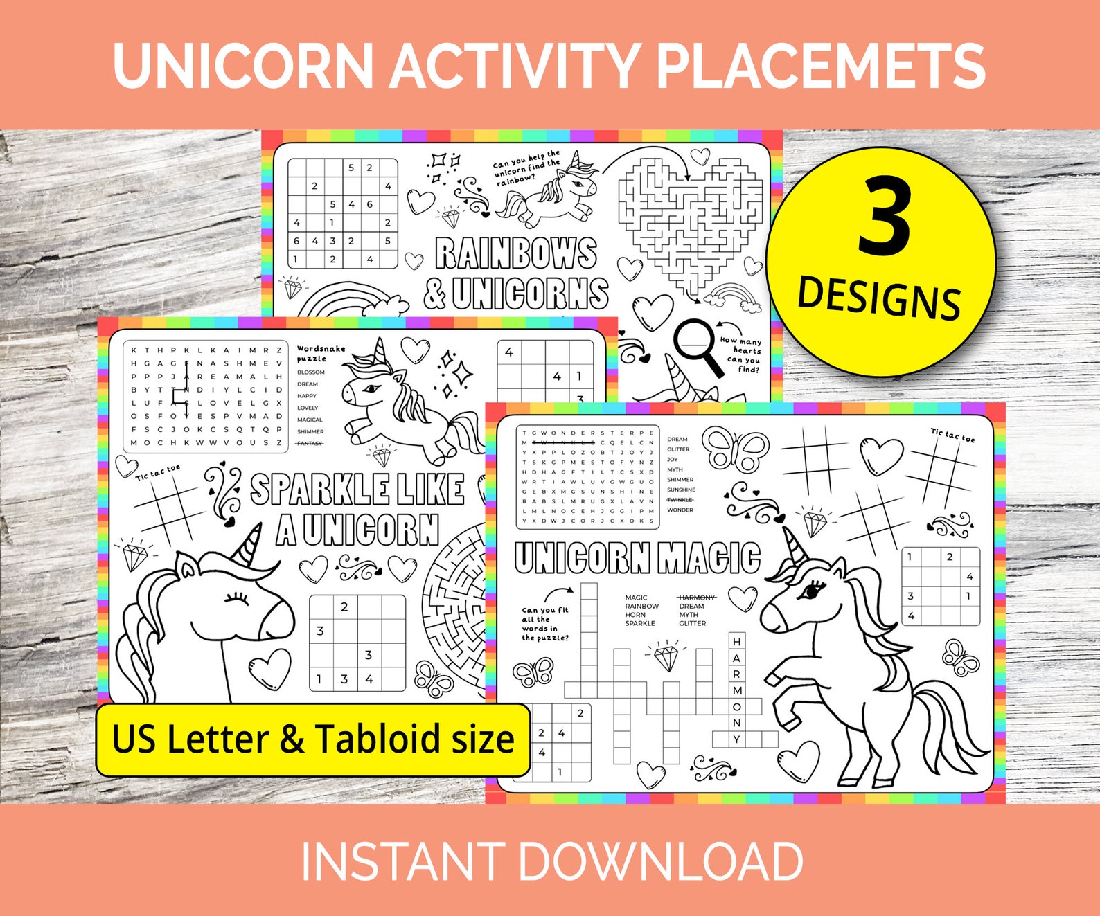 Unicorn Activity Placemat | Unicorn Printable | Printable Unicorn Party ...