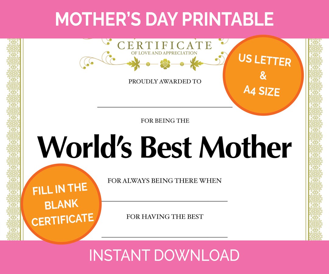 World's Best Mom Mom Certificate, Mother's Day Printable, Mother's Day ...