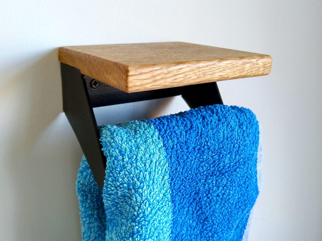 Hand Towel Rail With Shelf in Steel and Oak. Small Towel Rail for ...