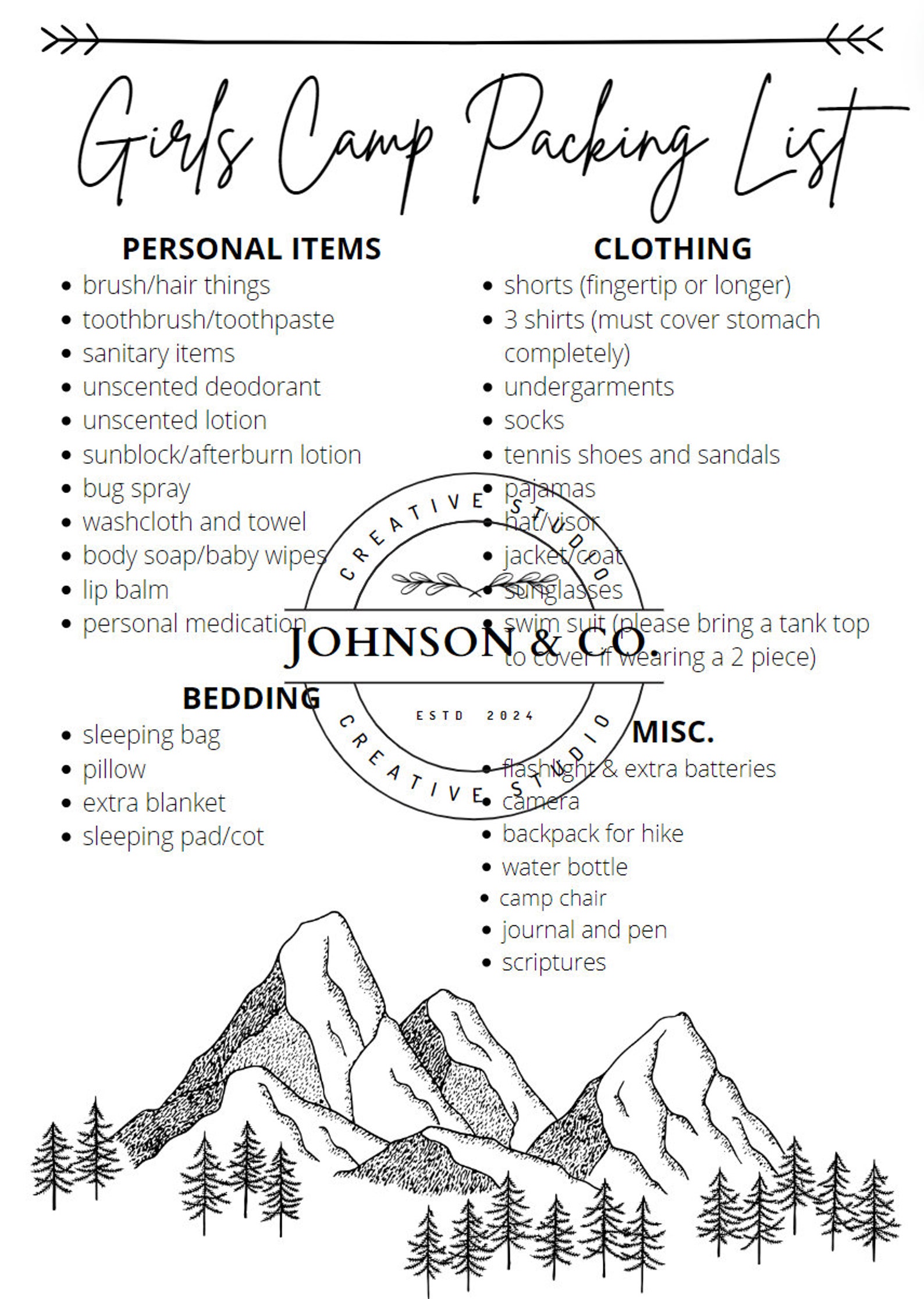 Girls Camp Packing List - Etsy