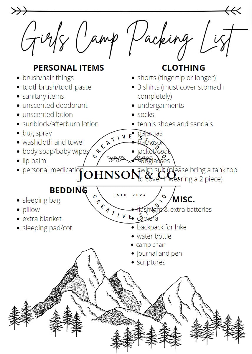 Girls Camp Packing List - Etsy