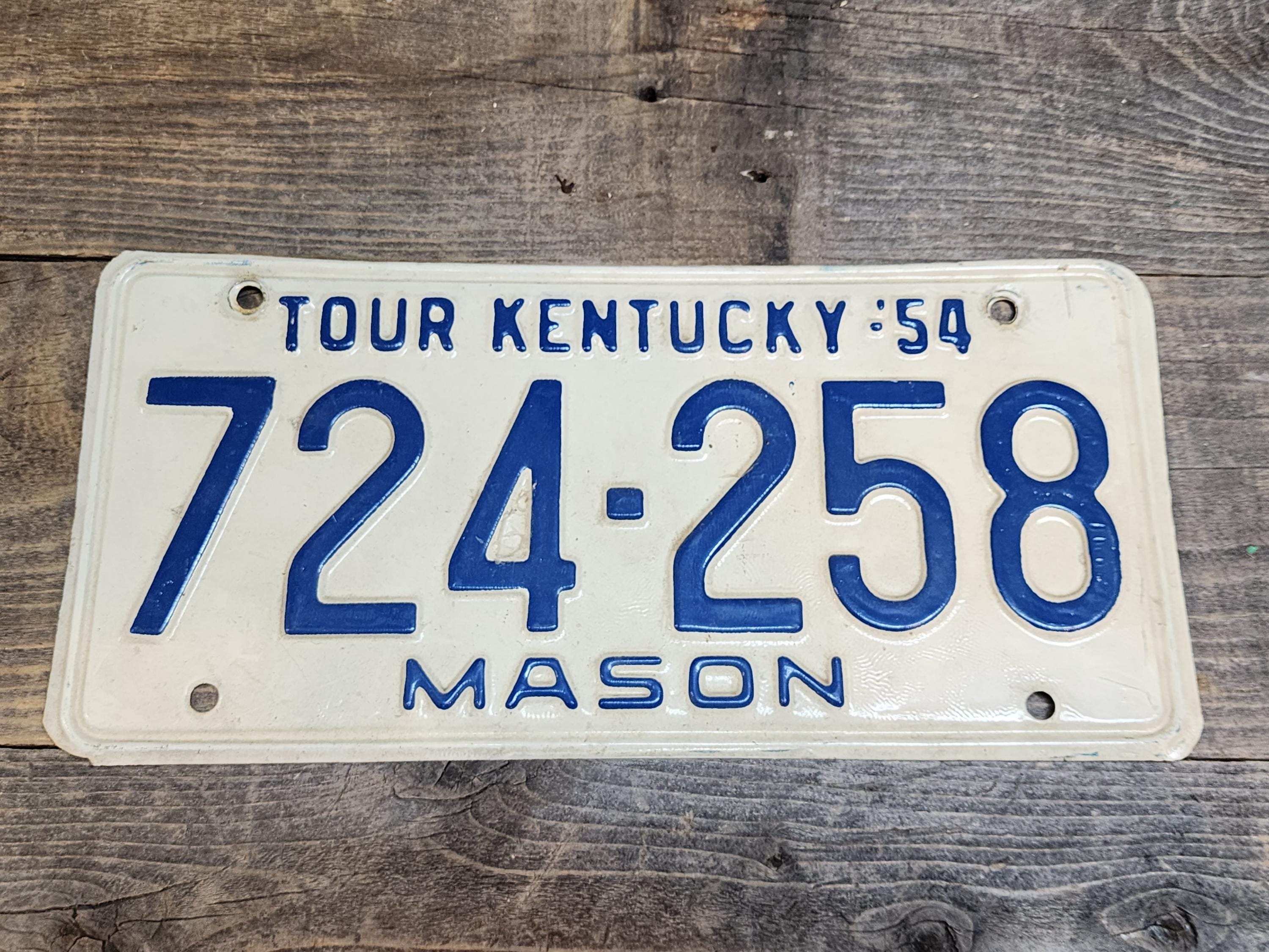 Vintage 1954 Tour Kentucky License Plate - Mason County, Blue Letters ...