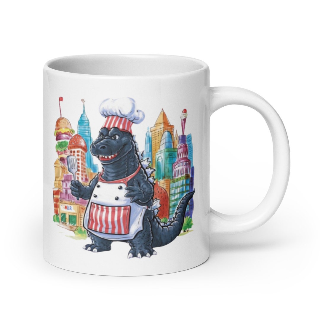 Godzilla Chef Mug: Whimsical Monster Cooking Fun With City Skyline ...