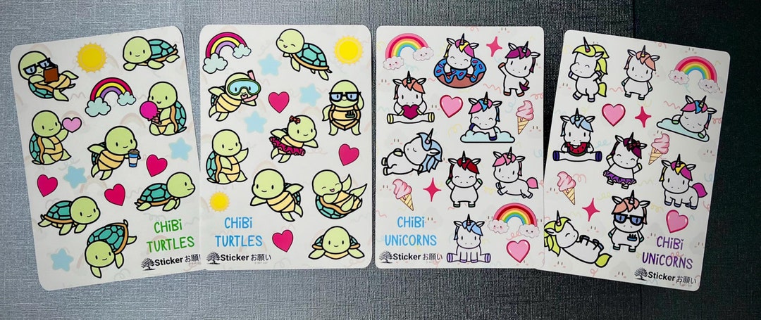 Kawaii Chibi Turtle & Unicorn Sticker Sheet - Glossy or Matte Finish ...