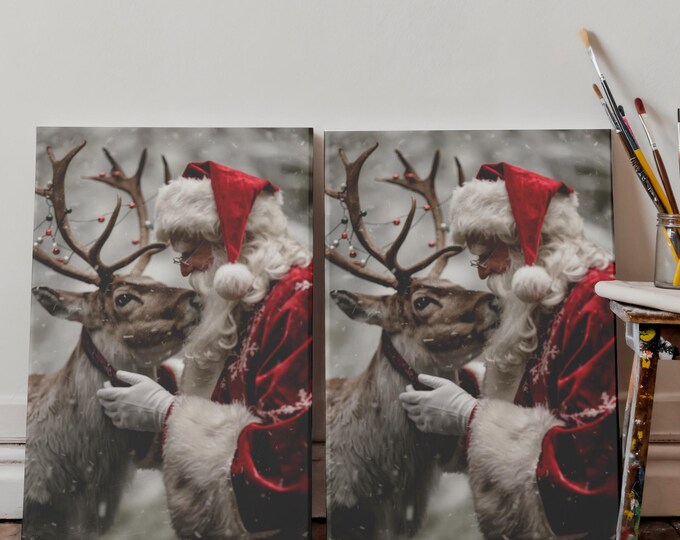 Santa Claus With Reindeer Canvas Art, Christmas Wall Decor, Painting ...