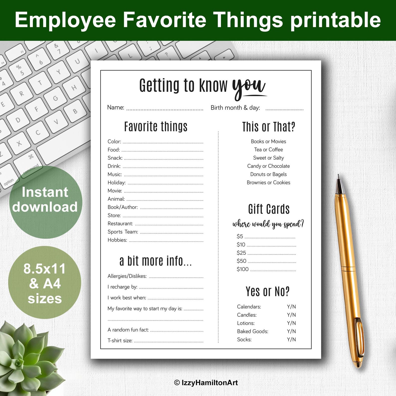 Employee Favorite Things Survey, Getting to Know You Printable, All ...