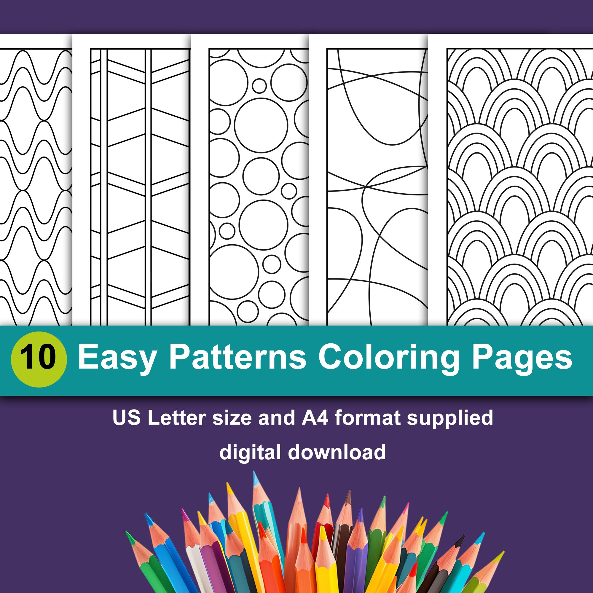 Bold & Easy Printable Coloring Patterns. 10 Page Bundle for Adults ...