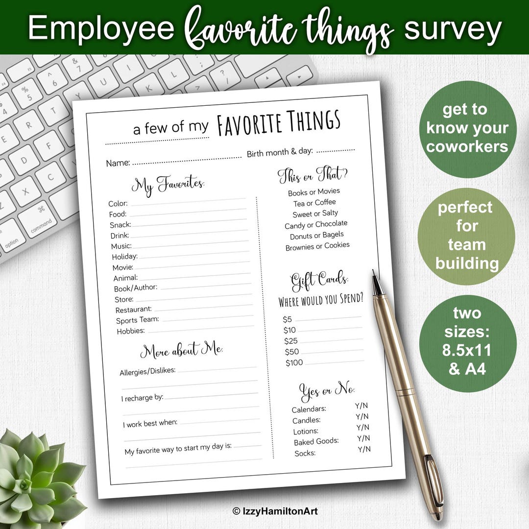 My Favorite Things Survey, Employee Coworker Questions, Getting to Know ...