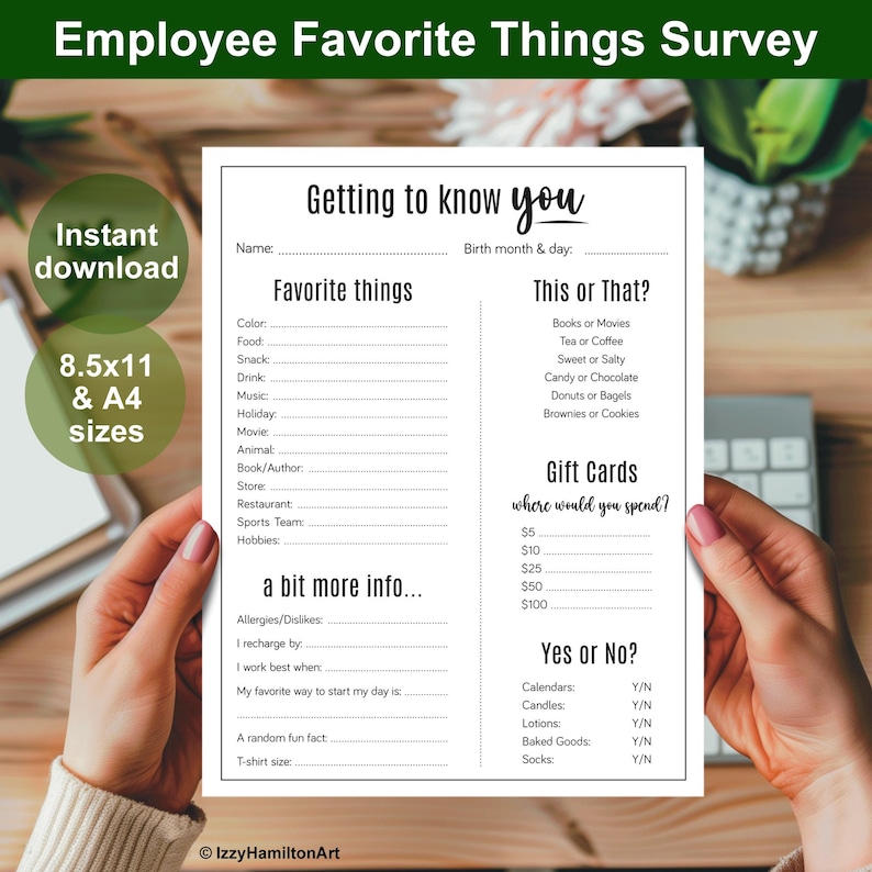 Employee Favorite Things Survey, Getting to Know You Printable, All ...