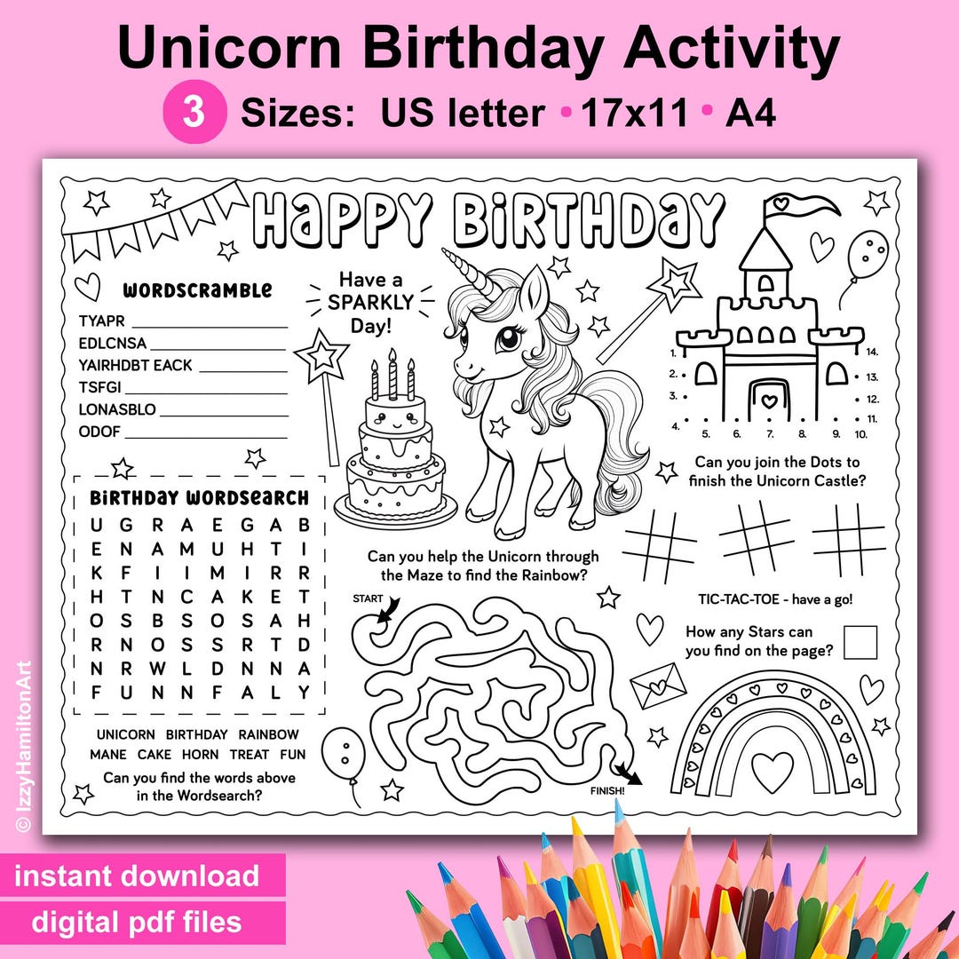 Unicorn Birthday Activity Placemat for Kids. Happy Birthday Unicorn ...