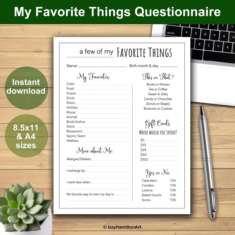 My Favorite Things Survey, Employee Coworker Questions, Getting to Know ...