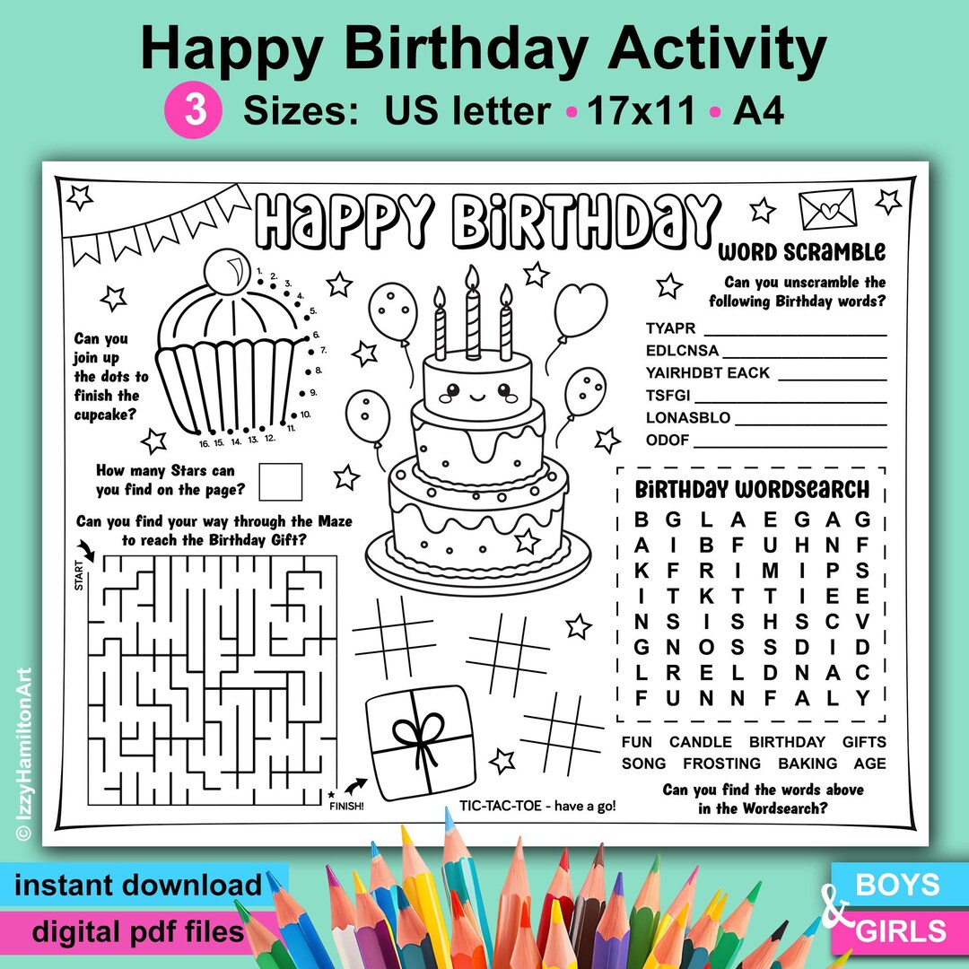 Birthday Activity Placemat for Girls and Boys. Happy Birthday Printable ...