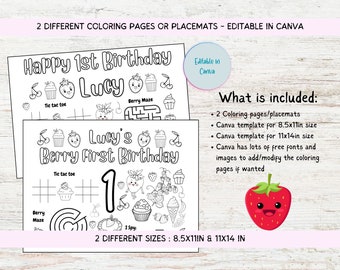 Strawberry Coloring Page Printable Berry First Sweet Birthday Placemat ...