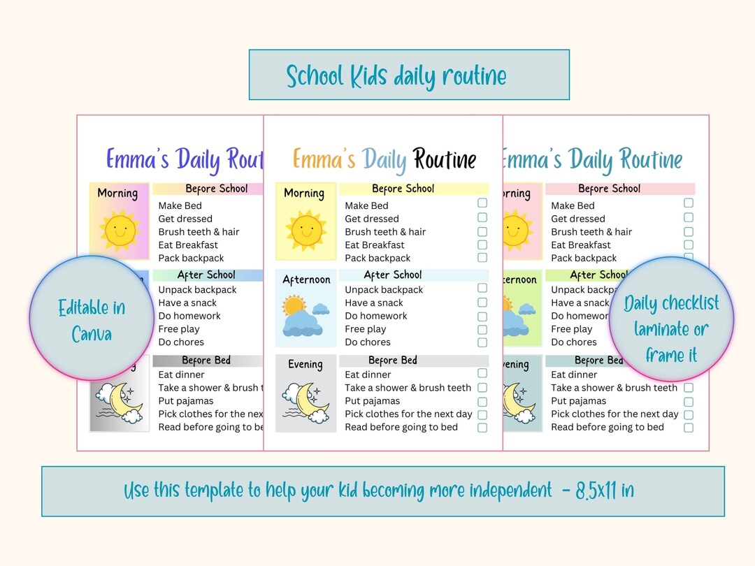 Kids Daily School Routine Checklist,printable Morning and Evening ...