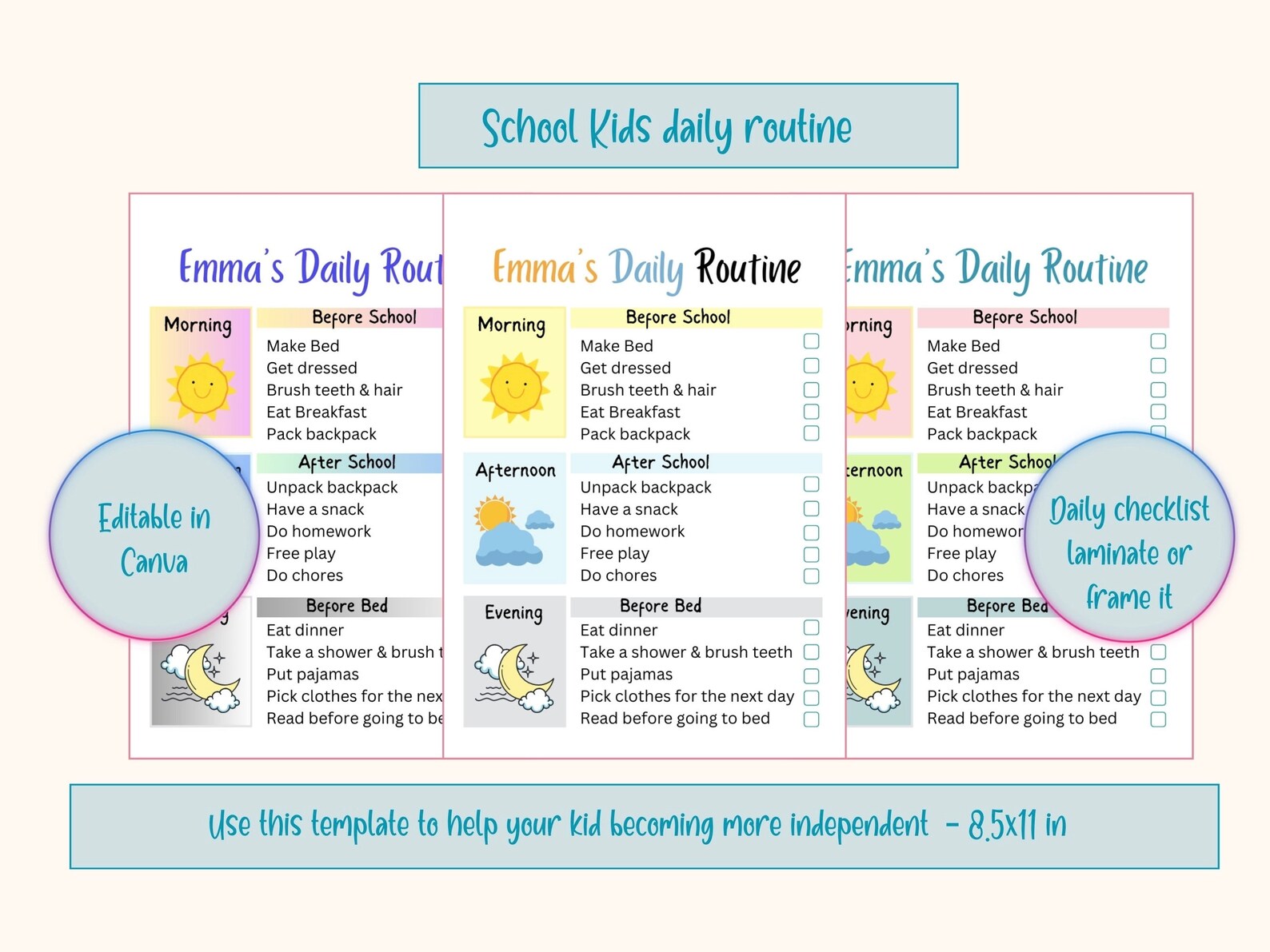 Kids Daily School Routine Checklist,printable Morning and Evening ...
