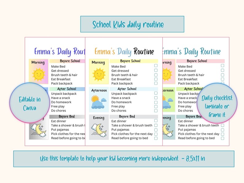 Kids Daily School Routine Checklist,printable Morning and Evening ...