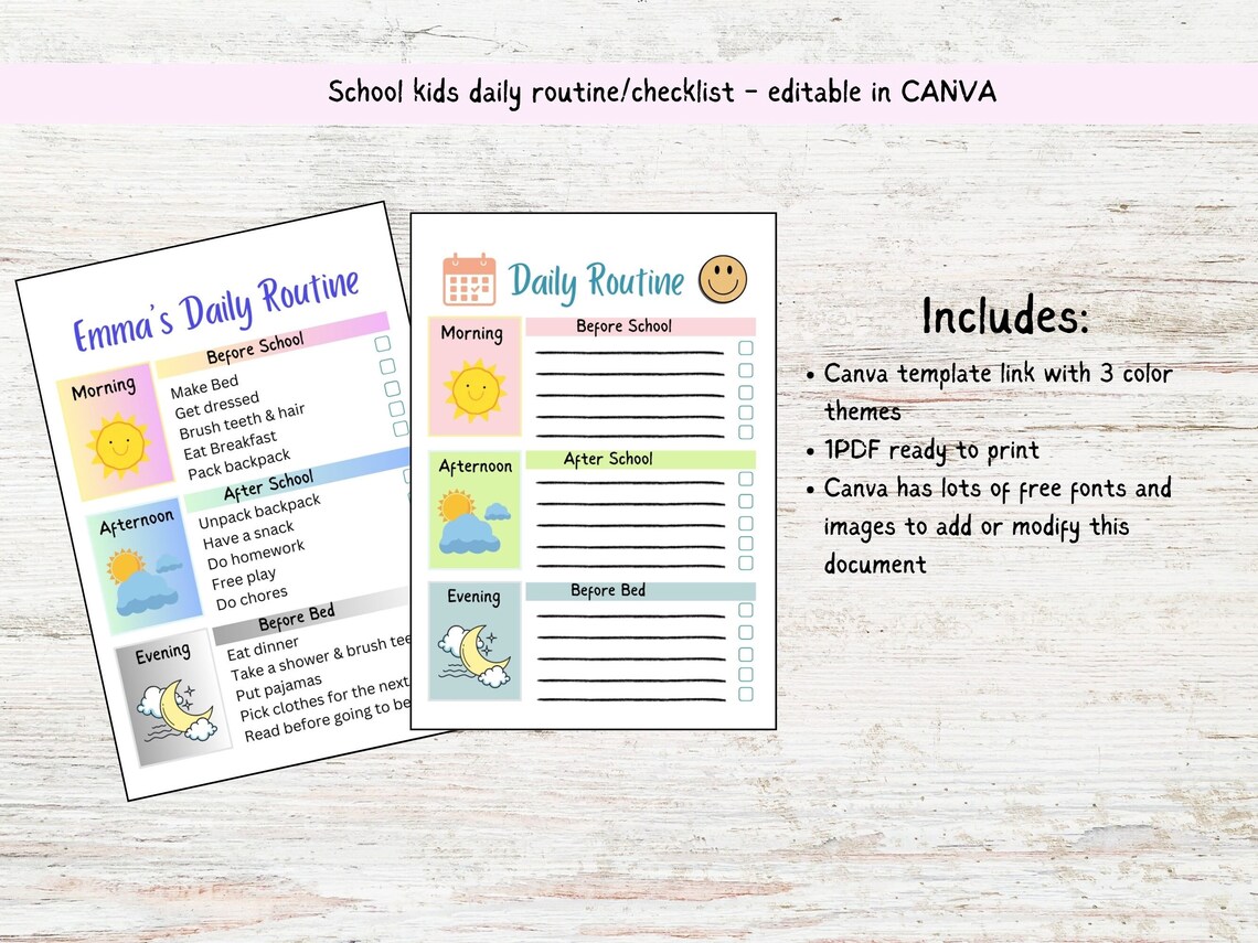 Kids Daily School Routine Checklist,printable Morning and Evening ...