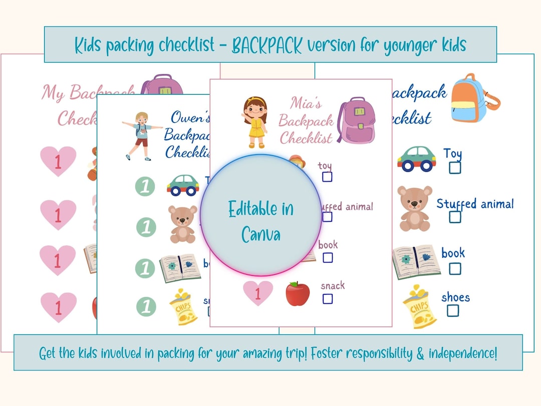 Visual Kids Packing List,kids Backpack Checklist,packing List for Kids ...