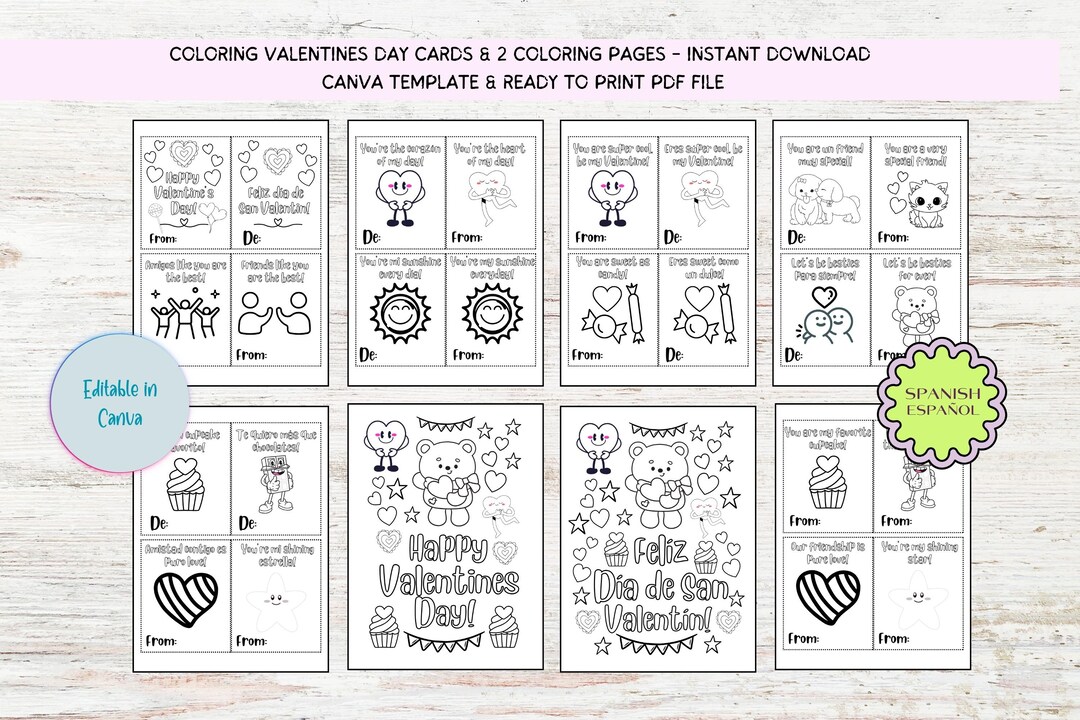 Coloring Valentine's Cards,editable Canva Template,ready to Print ...