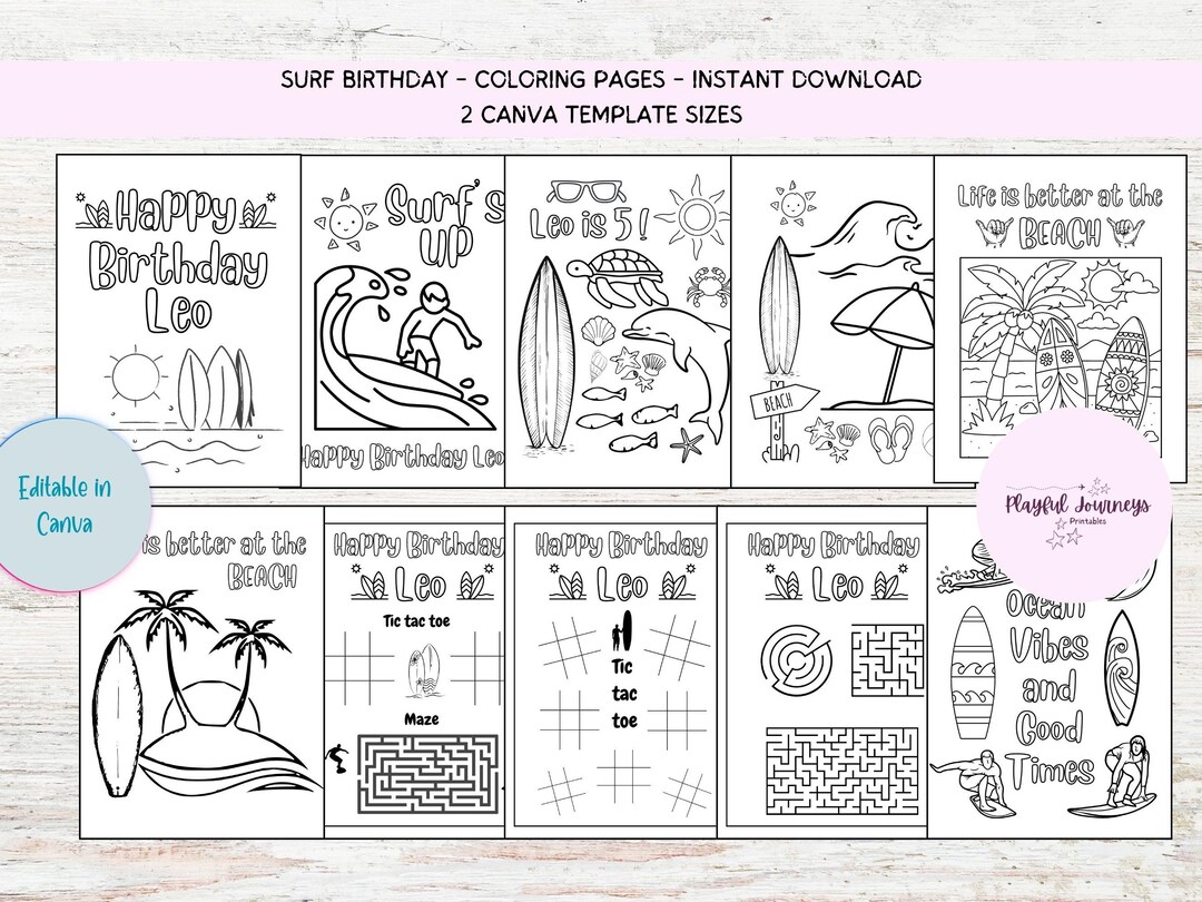 Editable SURFING Coloring Pages,surf Activity Pages,surf Birthday Party ...