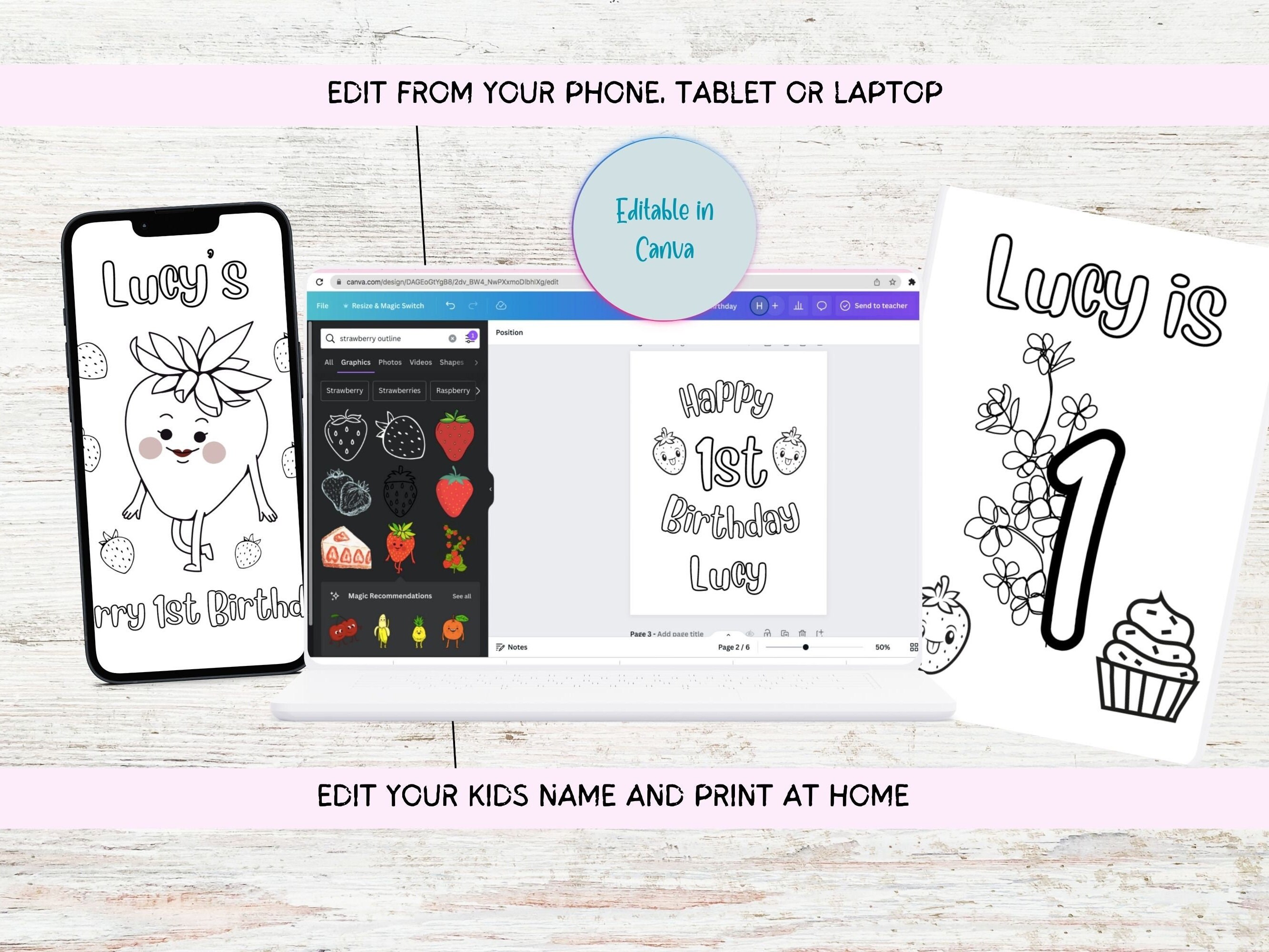 Berry First Birthday Editable Canva Template, Personalized Printable ...