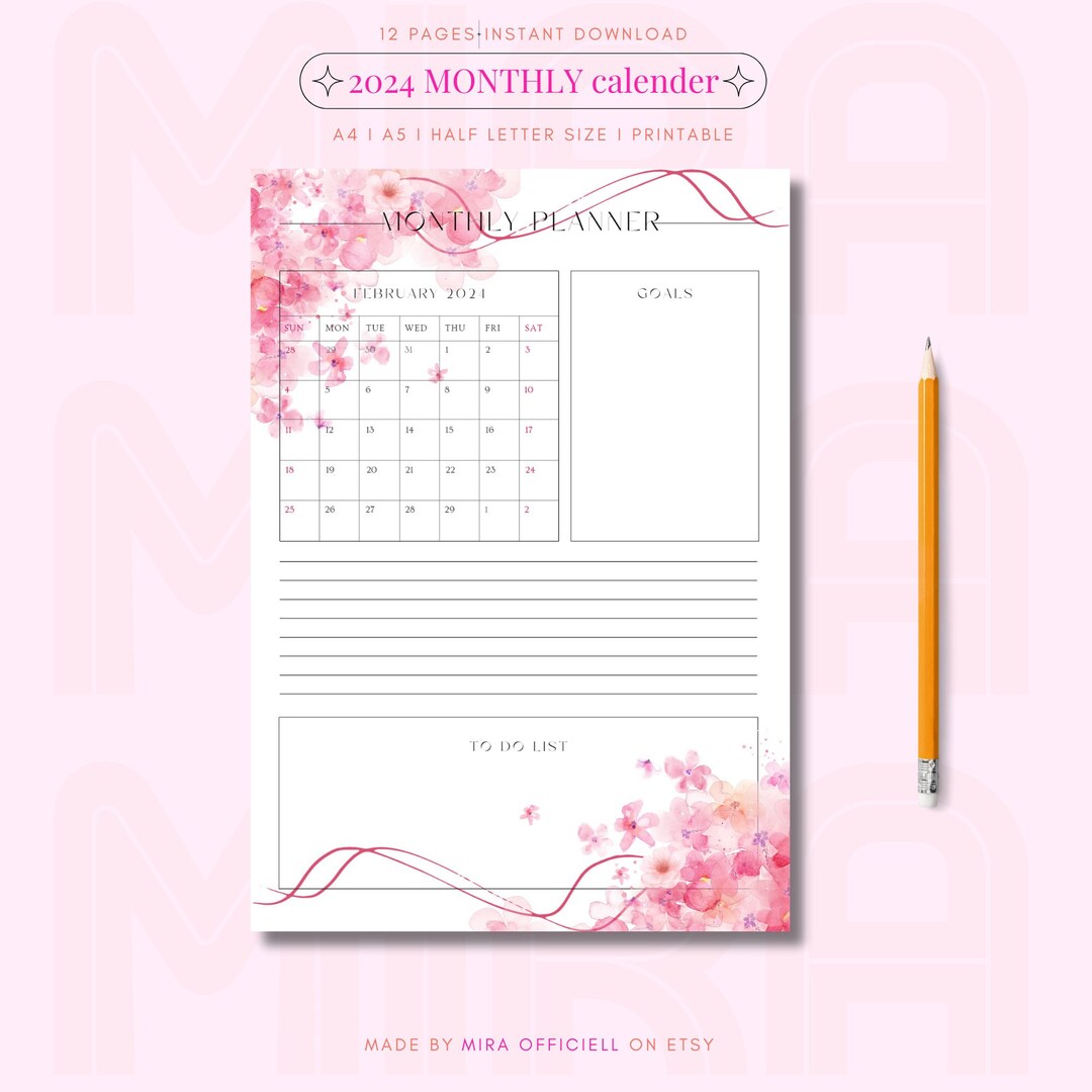 2024 Monthly Calendar, Printable Calendar Template, Portrait, Pastel ...