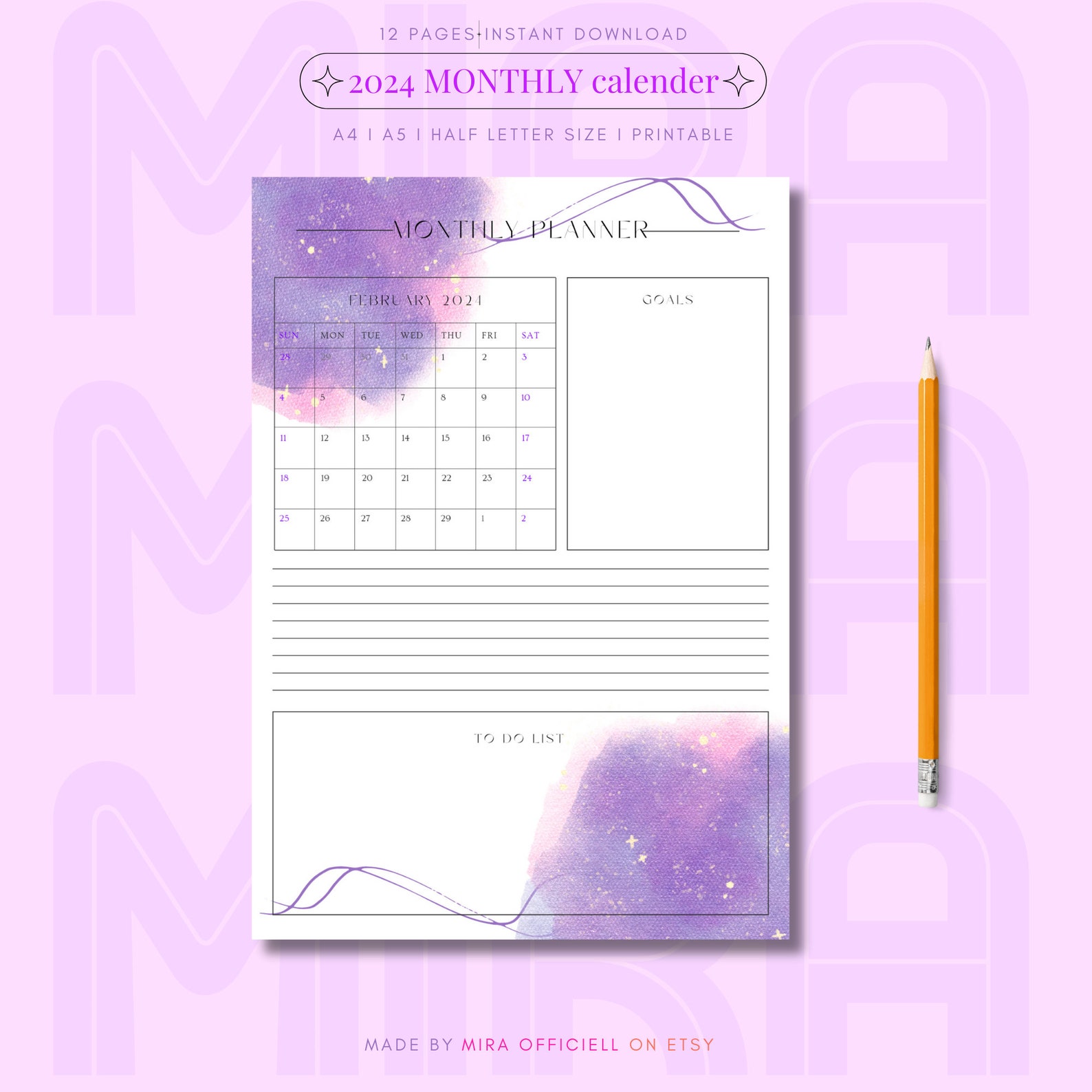 2024 Monthly Calendar, Printable Calendar Template, Portrait, Pastel ...