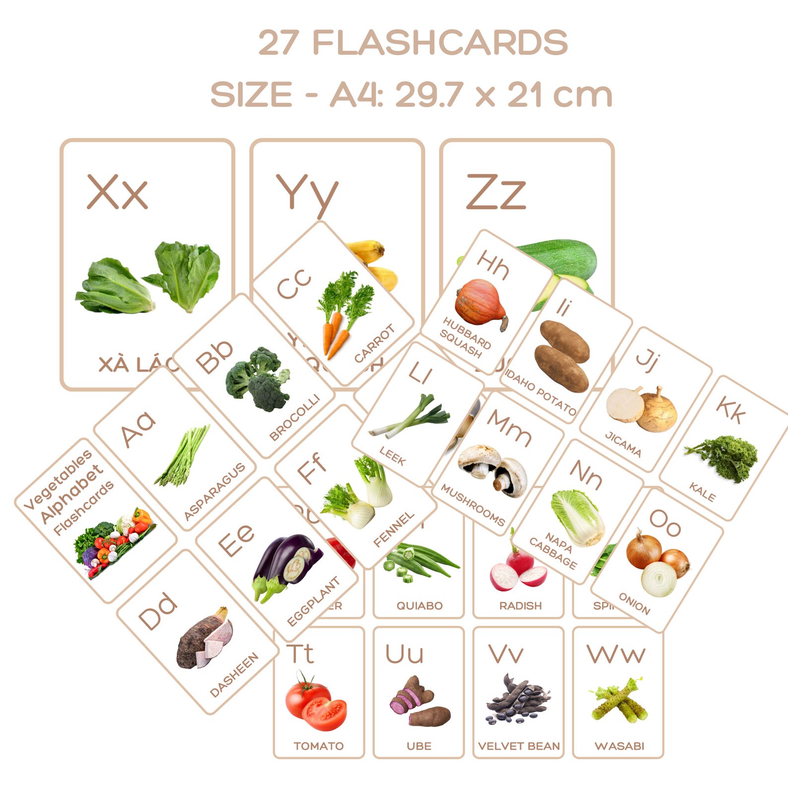 Veg Alphabet Flashcards Printable A-Z Cards Montessori Flashcards ...