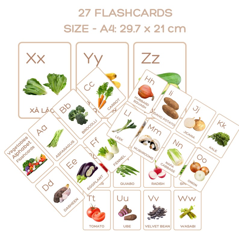 Veg Alphabet Flashcards Printable A-Z Cards Montessori Flashcards ...