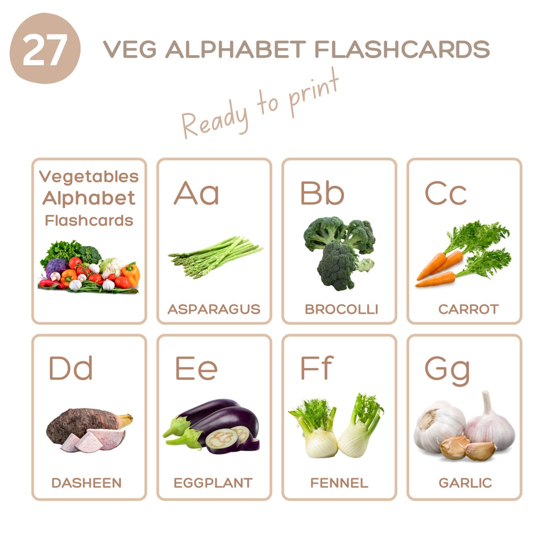 Veg Alphabet Flashcards Printable A-Z Cards Montessori Flashcards ...
