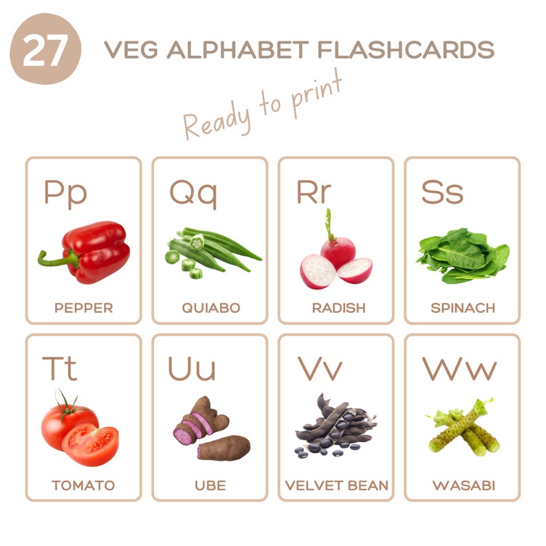 Veg Alphabet Flashcards Printable A-Z Cards Montessori Flashcards ...