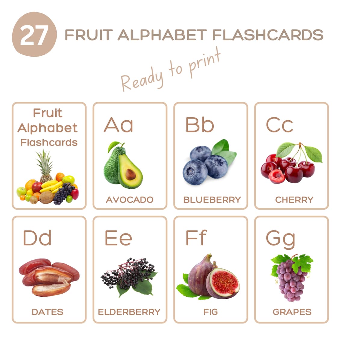 Fruit Alphabet Flashcards Printable A-Z Cards Montessori Flashcards ...