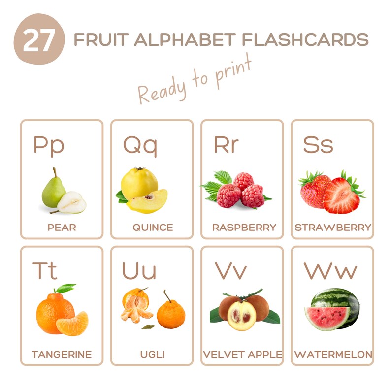 Fruit Alphabet Flashcards Printable A-Z Cards Montessori Flashcards ...
