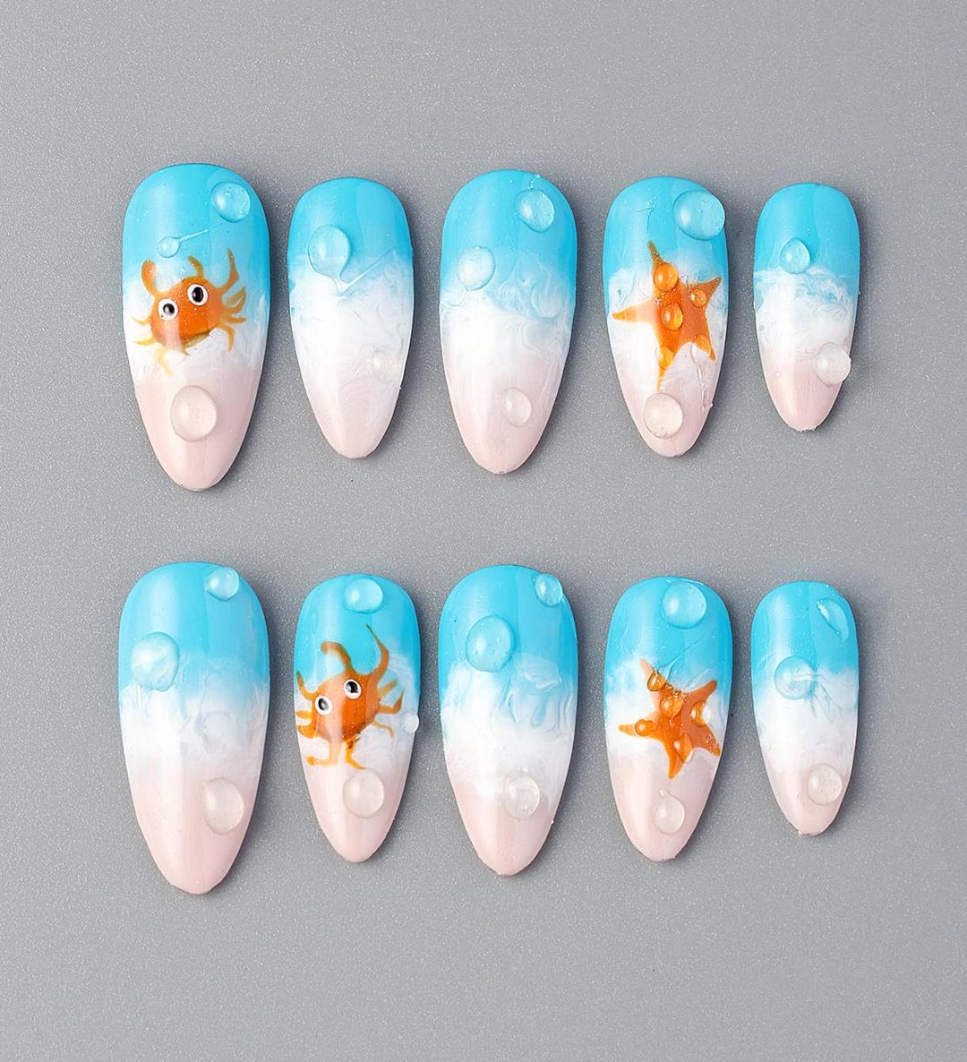 Custom Ocean Theme Fake Nails, Blue Press on Nails Short Almond, Summer ...