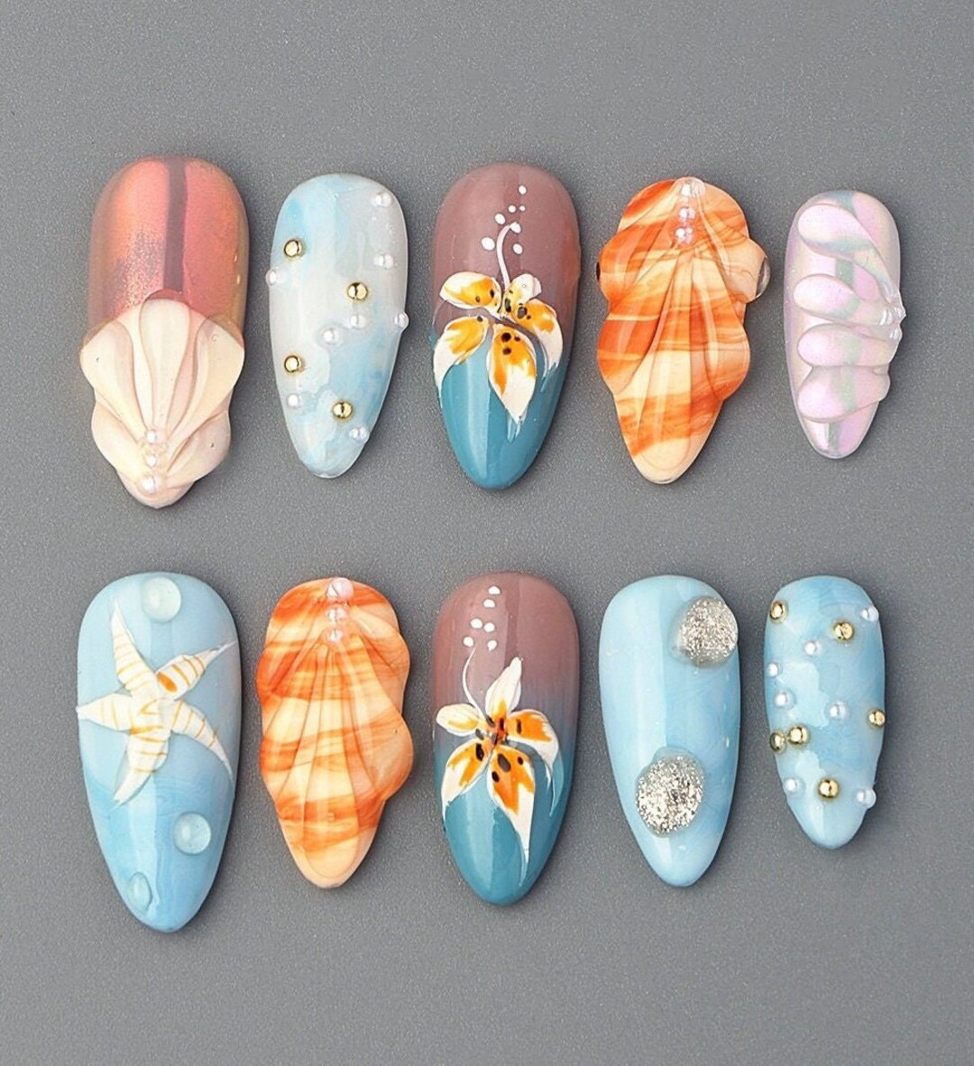 Ocean Fake/false Nails, Handmade Beach and Shell Nails Designs ...