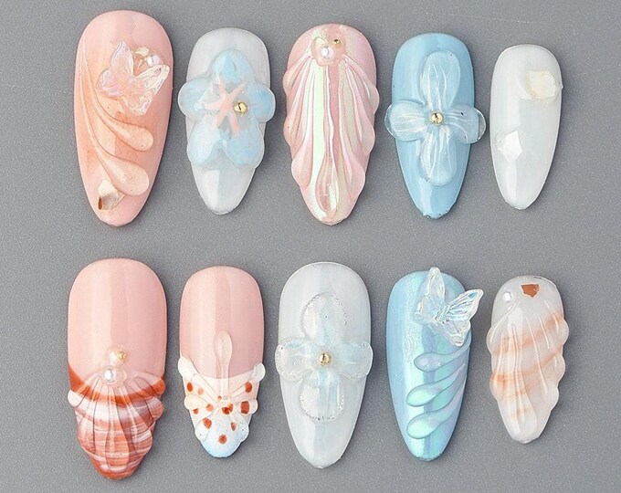 Beach Nails Design, Summer Shell Nails, Handmade Ocean Press on Nails ...